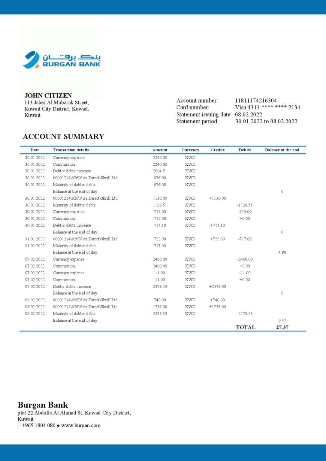 Kuwait Burgan Bank Statement Template In Word And PDF Format