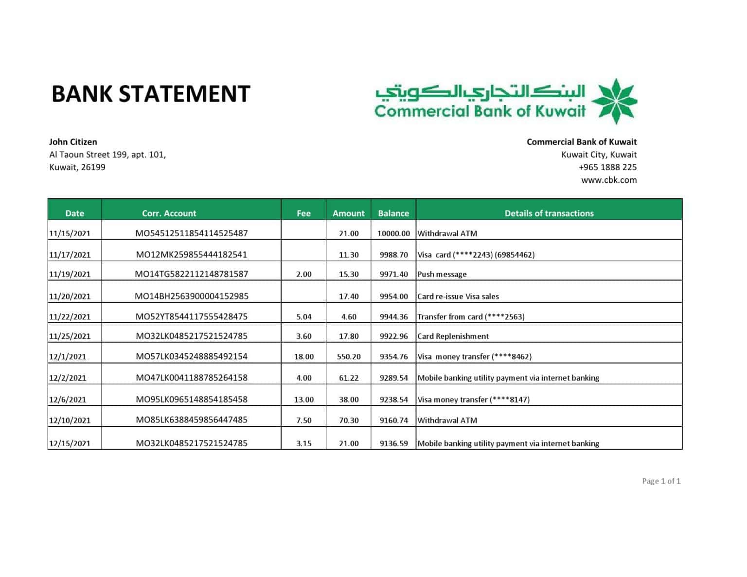 Kuwait Commercial Bank Statement Easy To Fill Template In .xls And .pdf ...