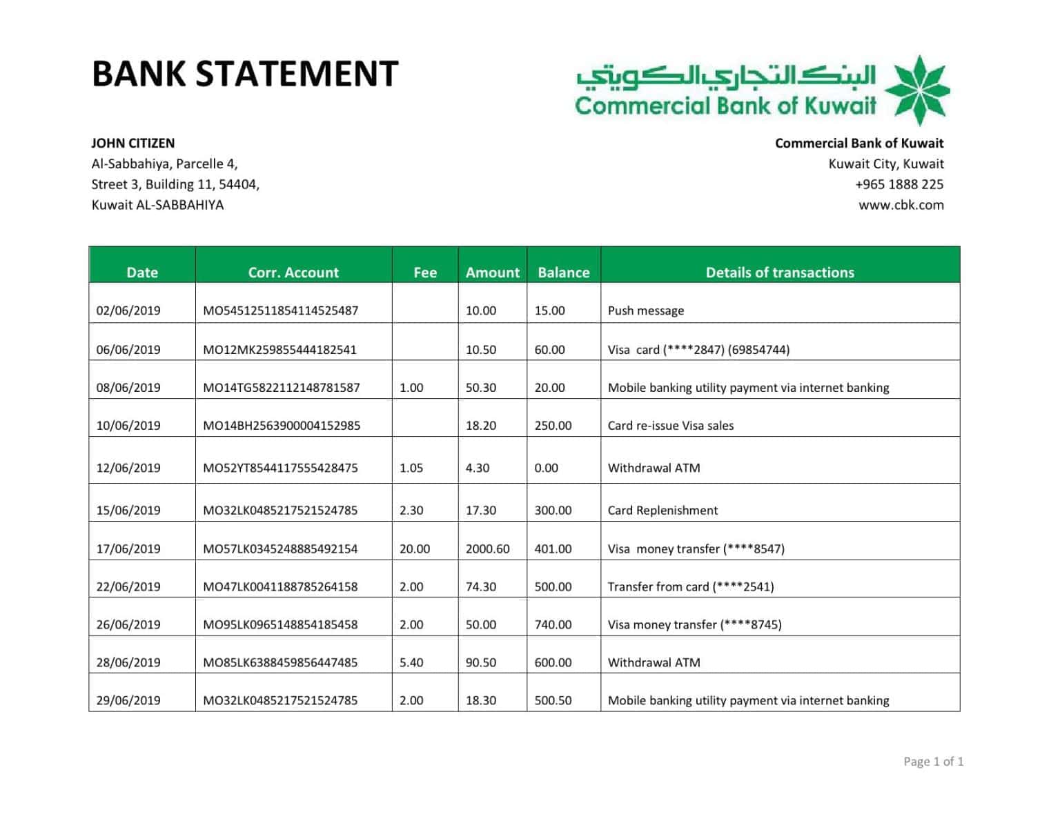 Kuwait Commercial Bank Statement Easy To Fill Template In Word And PDF ...