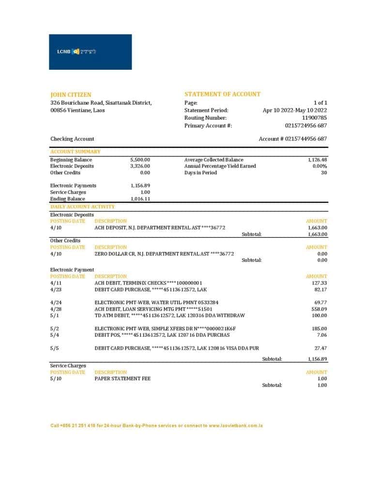 Laos LCNB Bank Statement Excel And PDF Template