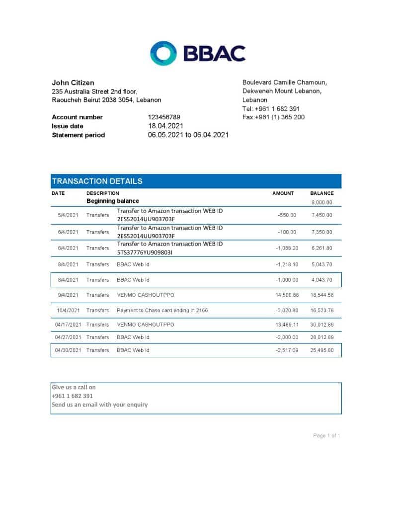 Lebanon BBAC Bank Statement Easy To Fill Template In .xls And .pdf File ...