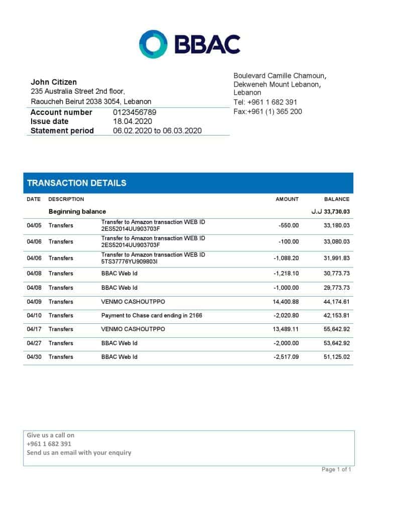 Lebanon BBAC Bank Proof Of Address Statement Template In Word And PDF ...