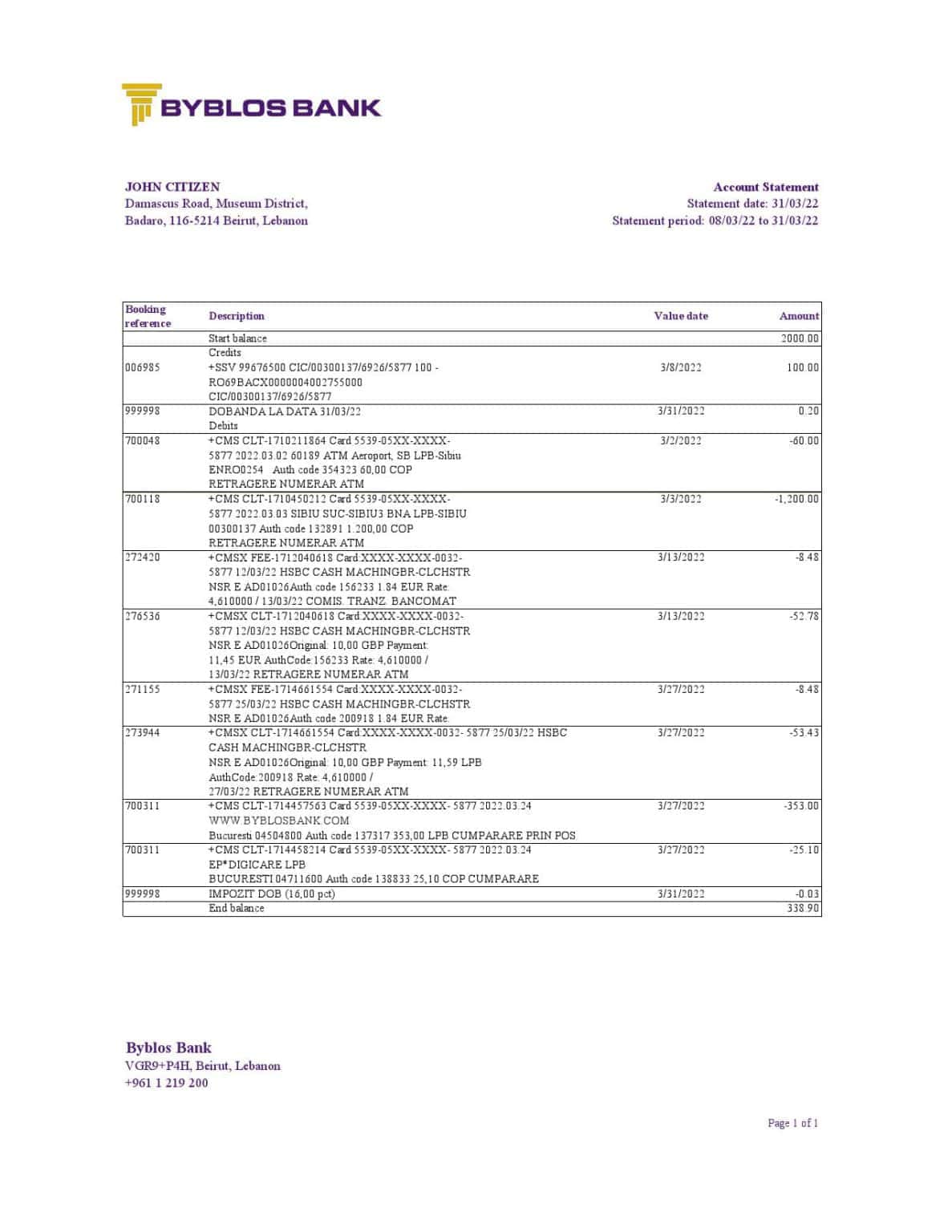 Lebanon Byblos Bank Statement Excel And PDF Template