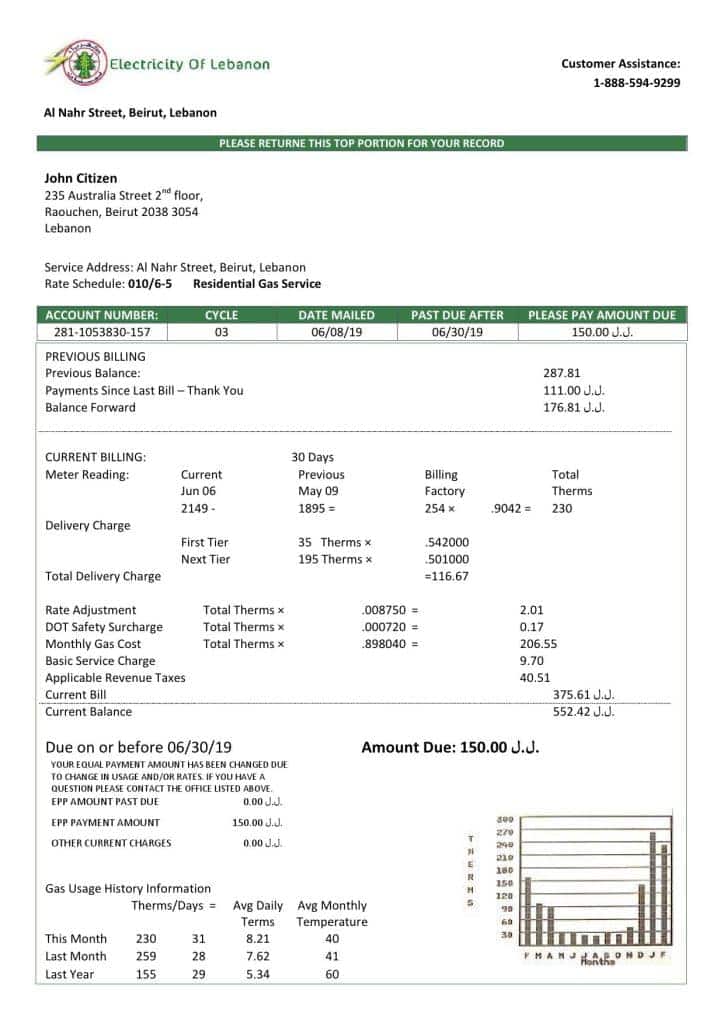 Lebanon Electricity Of Lebanon Utility Bill Template In Word And PDF Format