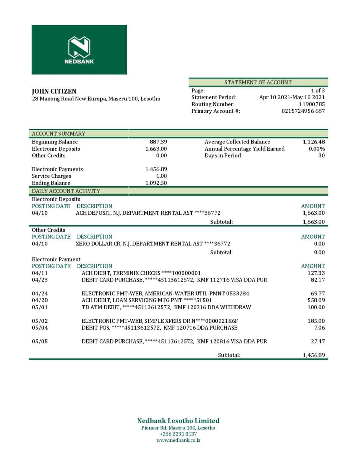Lesotho Nedbank Bank Statement Template In Word And PDF Format