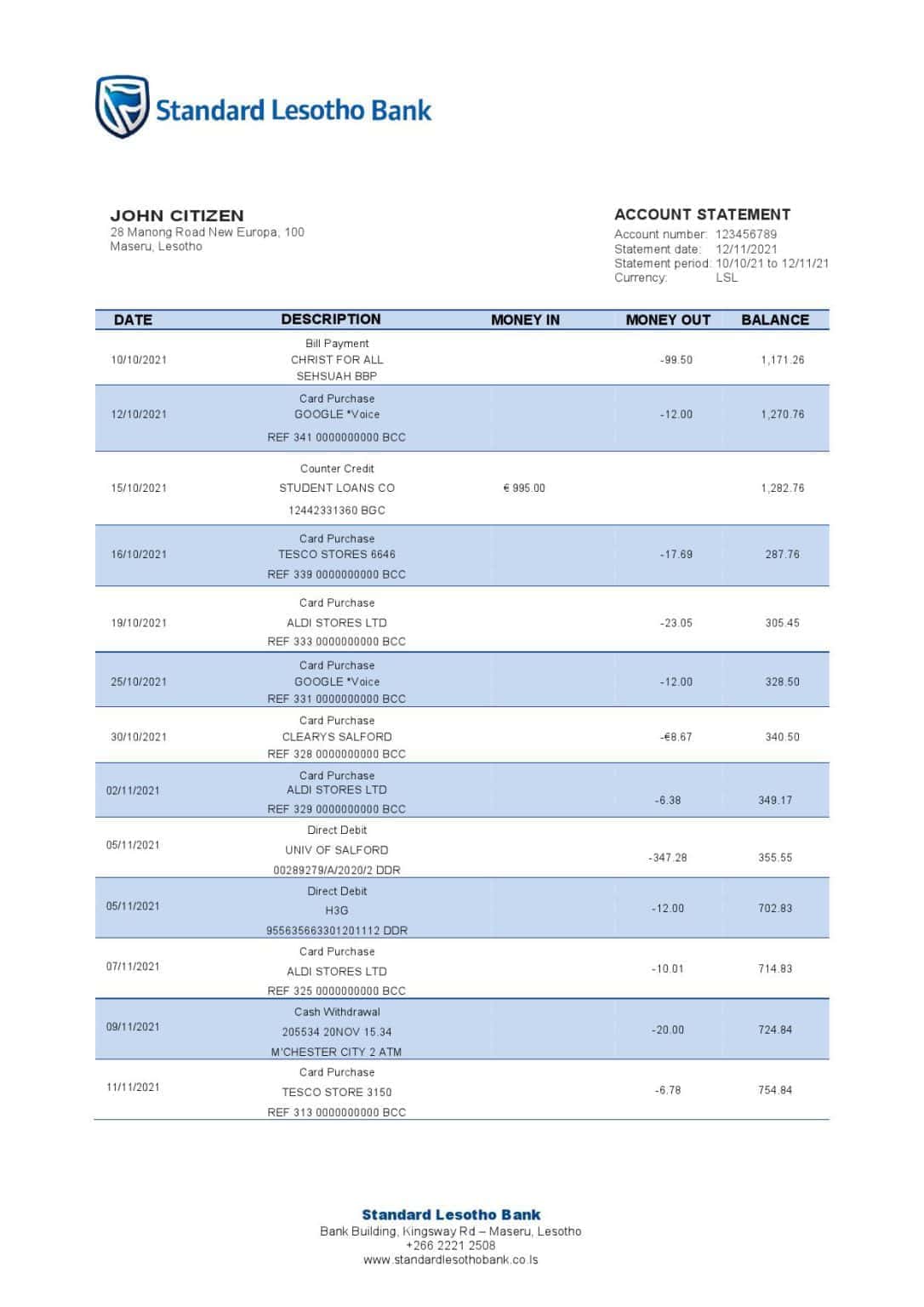 Lesotho Standard Lesotho Bank Statement Template In Word And PDF Format