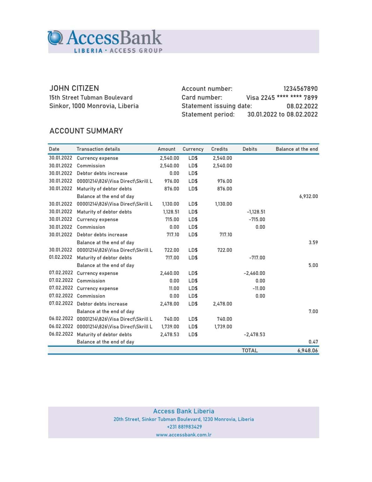 Liberia Access Bank Statement Excel And PDF Template