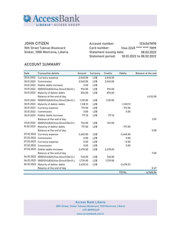 Liberia Access Bank Statement Excel And PDF Template