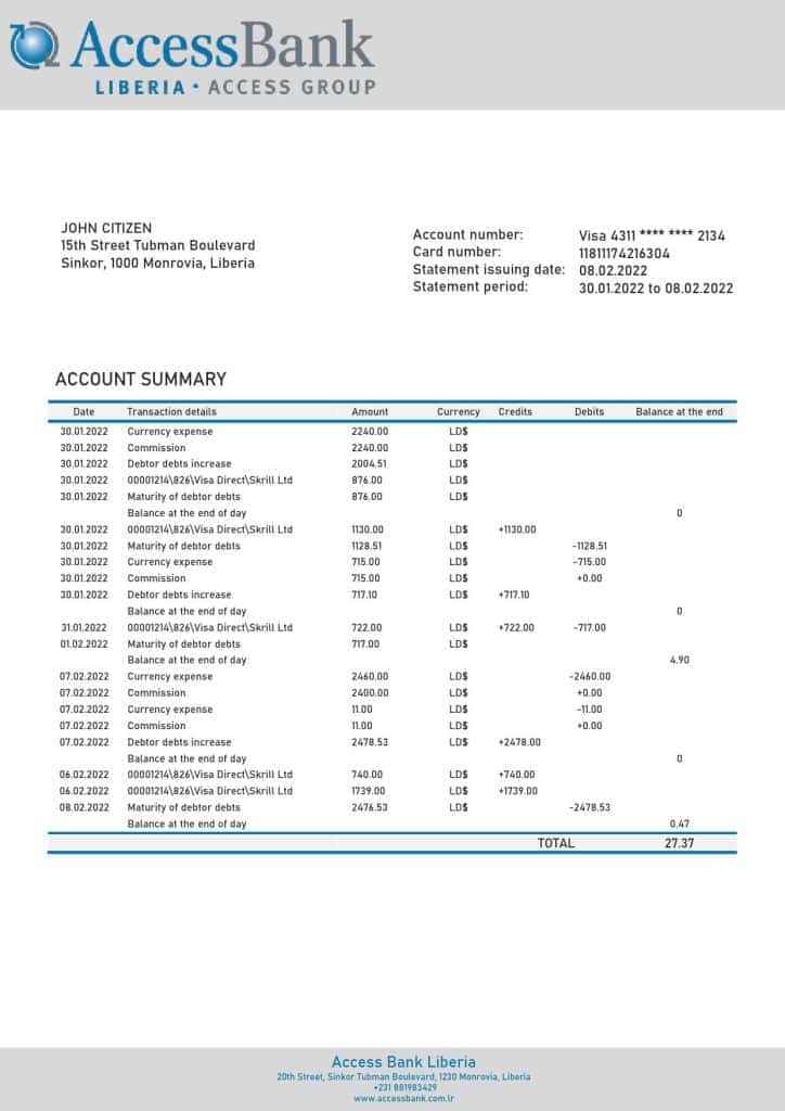 Liberia Access Bank Statement Template In Word And PDF Format