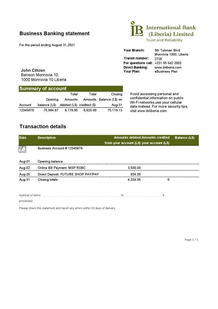Liberia IB International Bank Proof Of Address Statement Template In ...