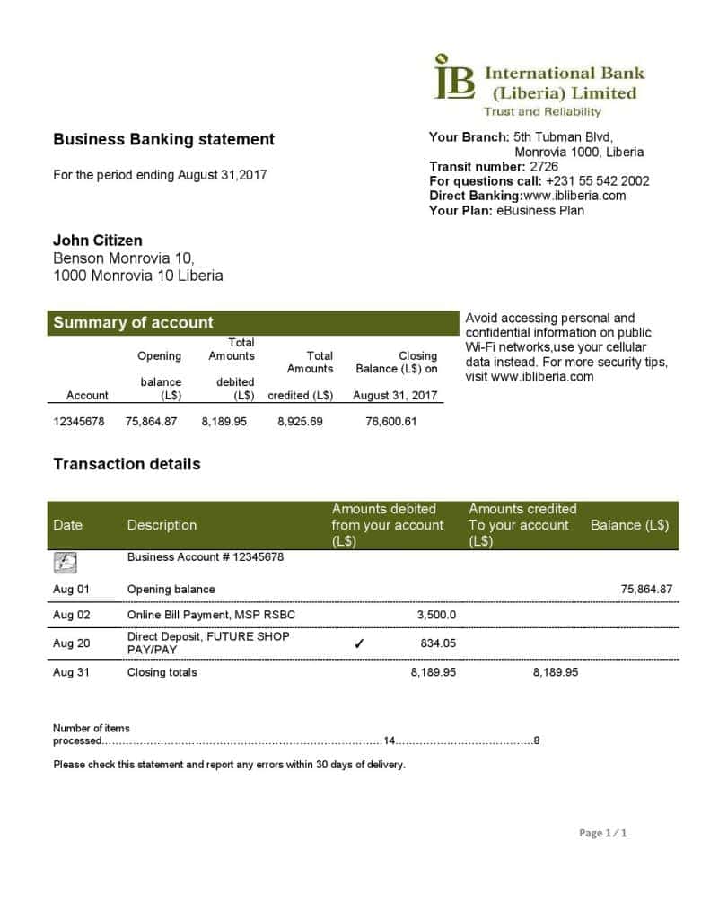 Liberia IB Bank Proof Of Address Template