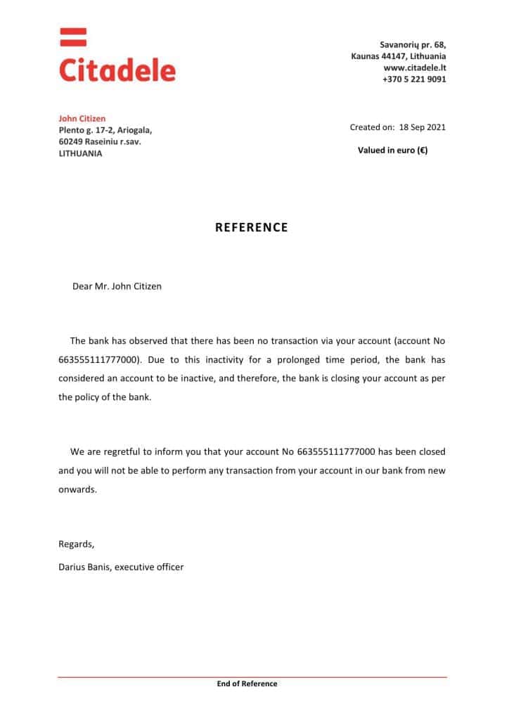 Download Lithuania Citadele Bank Reference Letter Templates | Editable Word