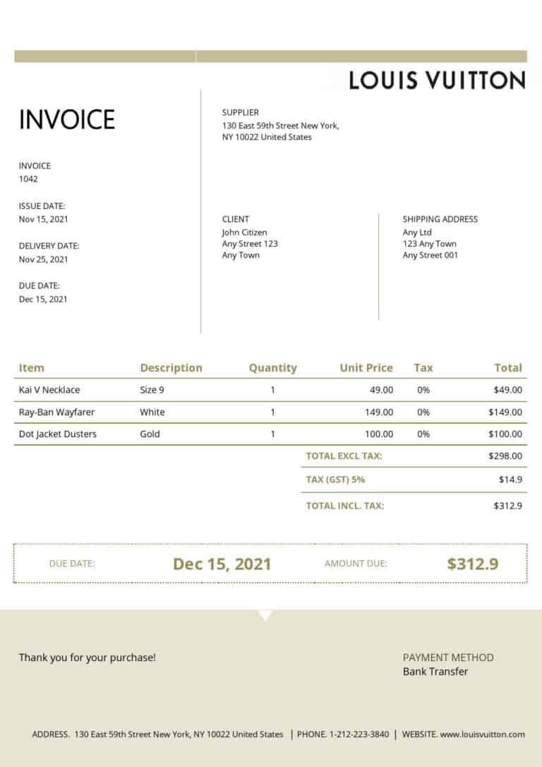 USA Louis Vuitton Invoice Template In Word And PDF Format, Fully Editable