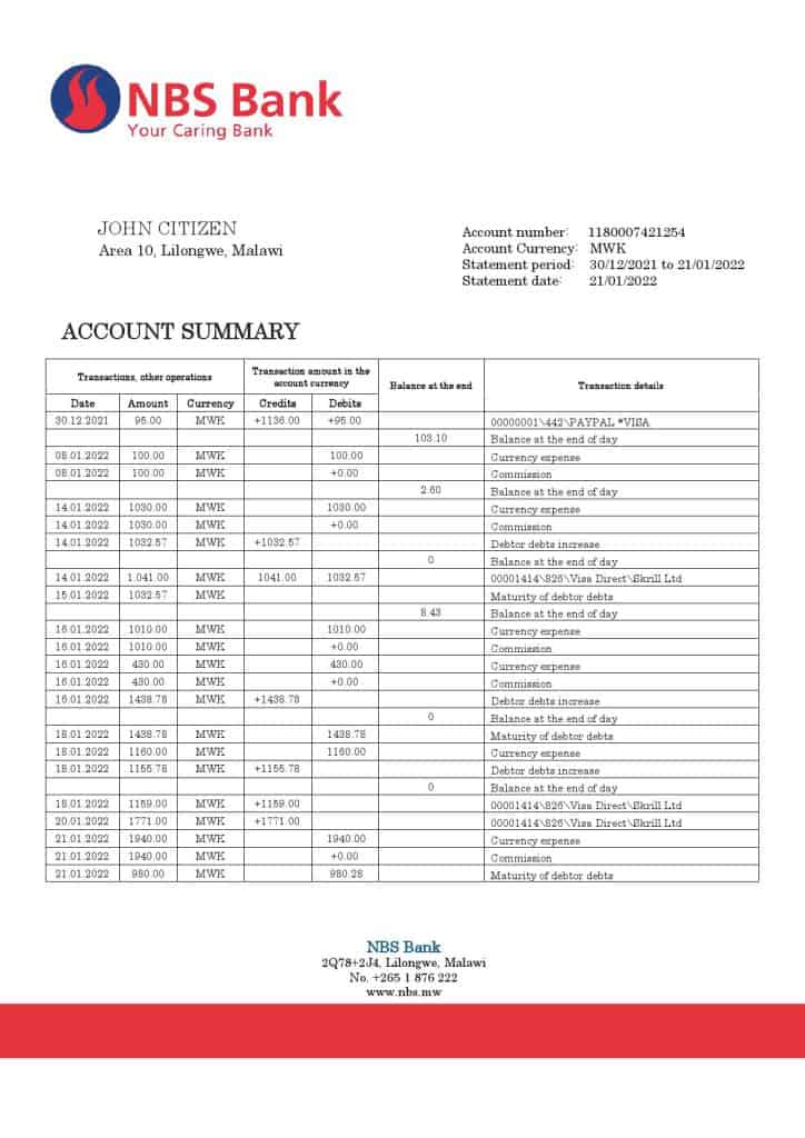 Malawi NBS Bank Statement Template In Word And PDF Format