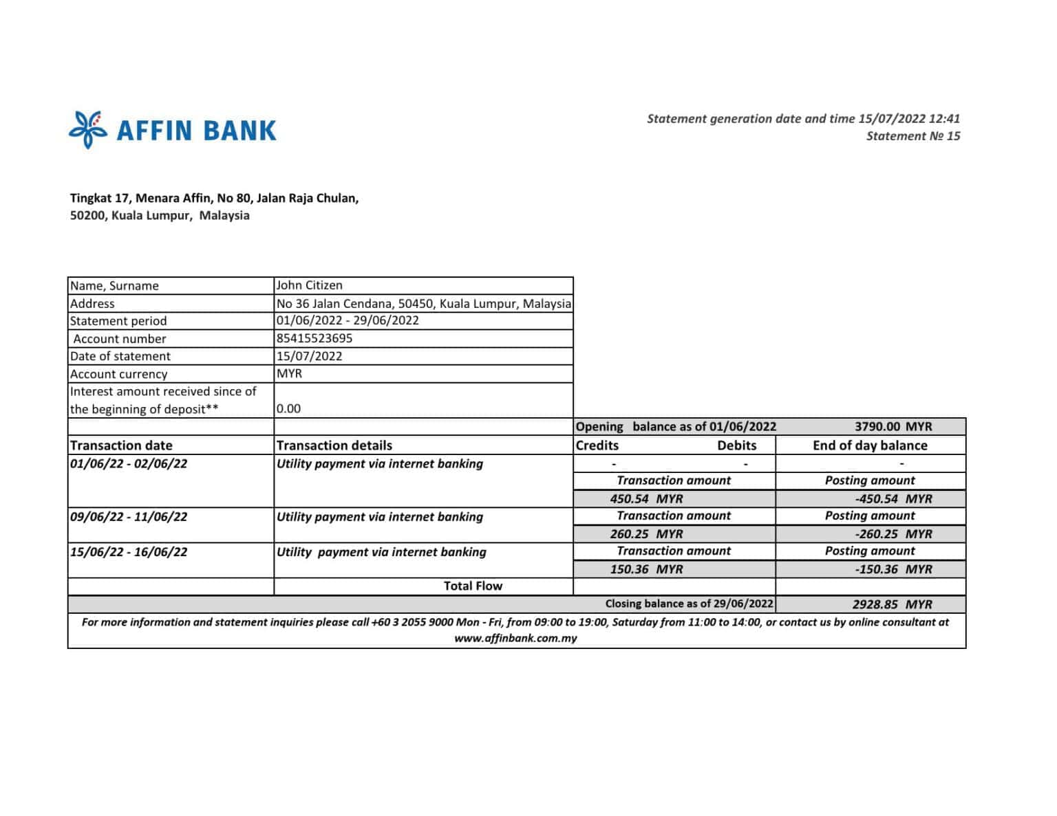 Malaysia Affin Bank Statement Excel And PDF Template