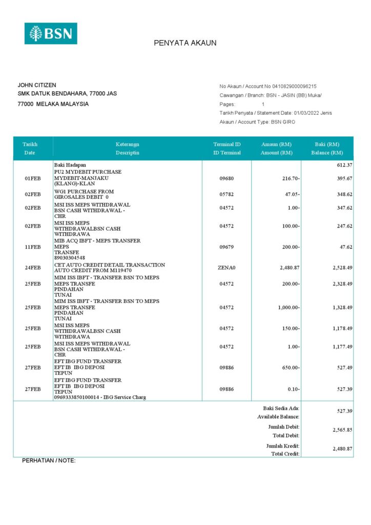 Malaysia BSN Bank Account Statement (penyata Akaun), Word And PDF ...