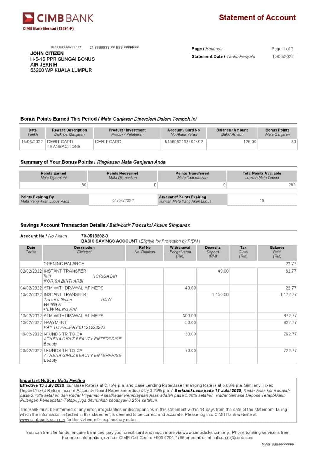 Malaysia CIMB Bank Statement Word And PDF Template, 2 Pages