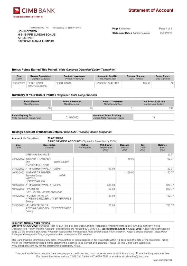 Malaysia CIMB Bank Statement Word And PDF Template, 2 Pages
