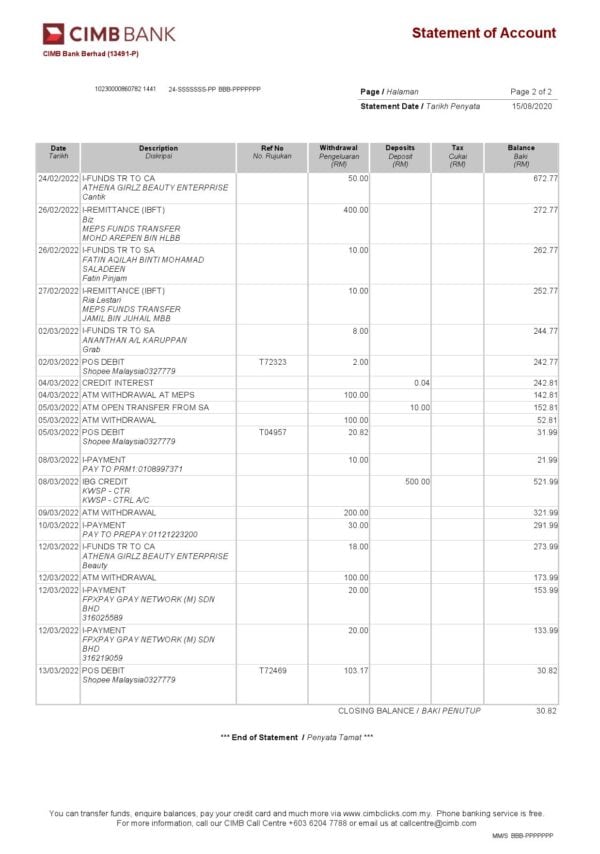 Malaysia CIMB Bank Statement Word And PDF Template, 2 Pages