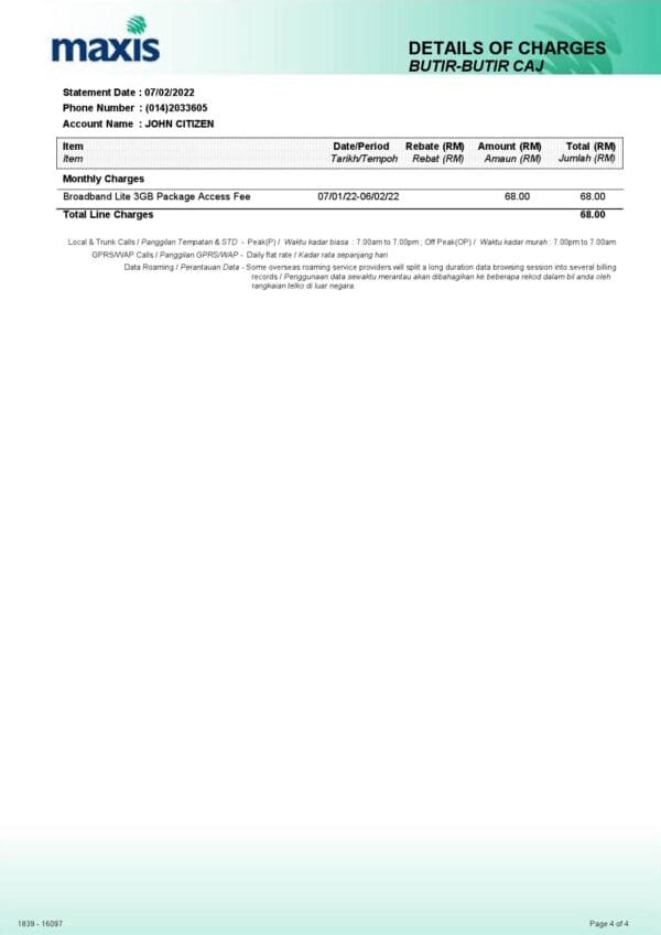 Malaysia Maxis Bank Statement, Word And PDF Template, 5 Pages