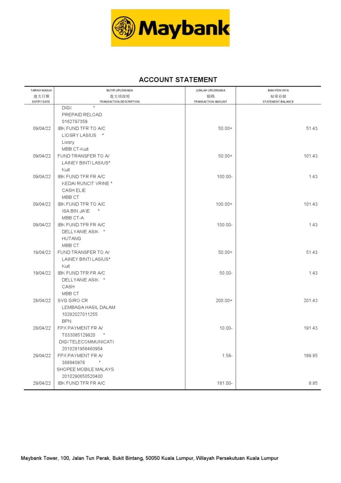 Malaysia Maybank Bank Statement Word And PDF Template, 2 Pages