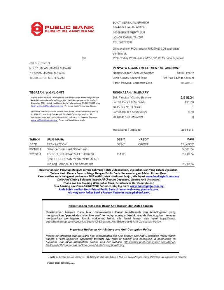 Malaysia Public Bank Statement Easy To Fill Template In Excel And PDF ...