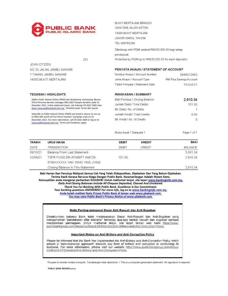 Malaysia Public Bank Statement Easy To Fill Template In Excel And PDF ...