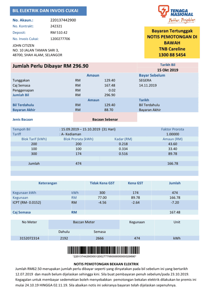 Malaysia Tenaga Nasional Electricity Utility Bill Template In Word And ...