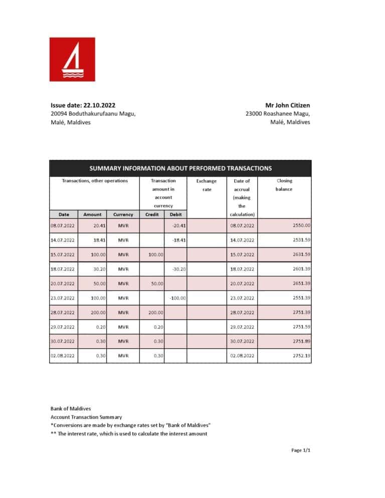 Maldives Bank Of Maldives Bank Statement Excel And PDF Template