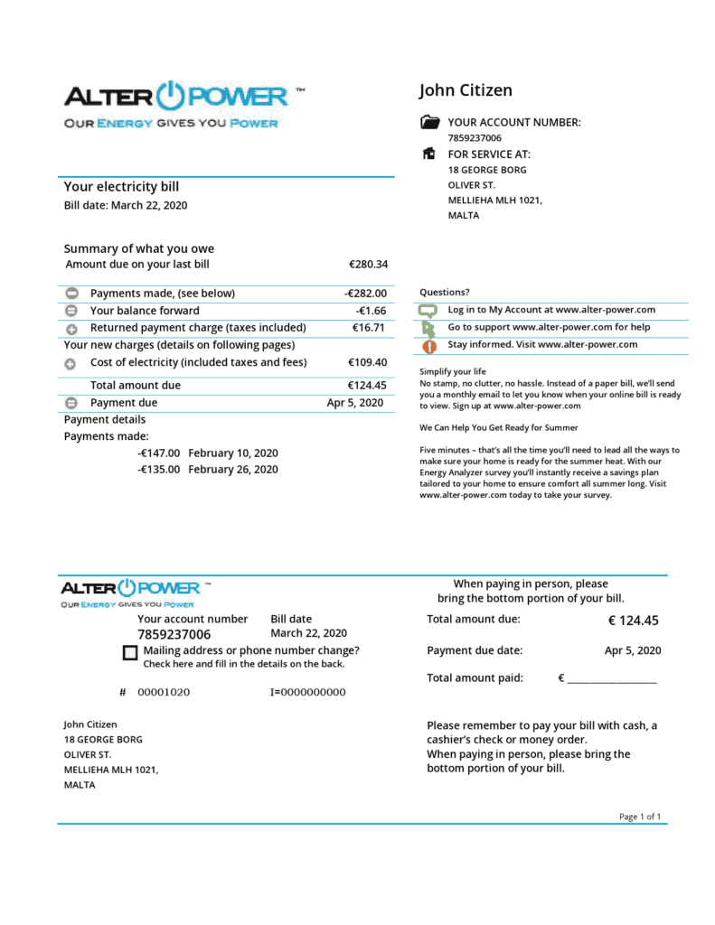 Malta AlterPower Malta Proof Of Address Utility Bill Template In Word ...