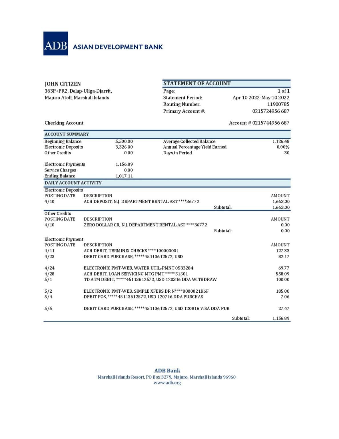 Marshall Islands ADB Bank Statement Excel And PDF Template