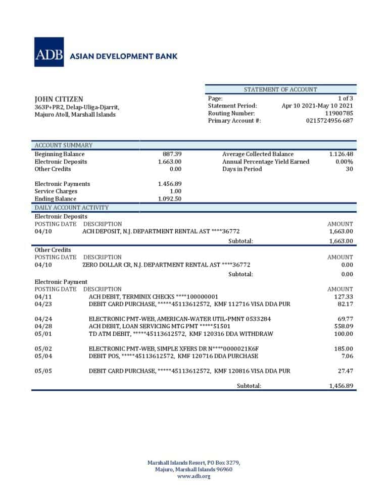 Marshall Islands ADB Bank Statement Template In Word And PDF Format