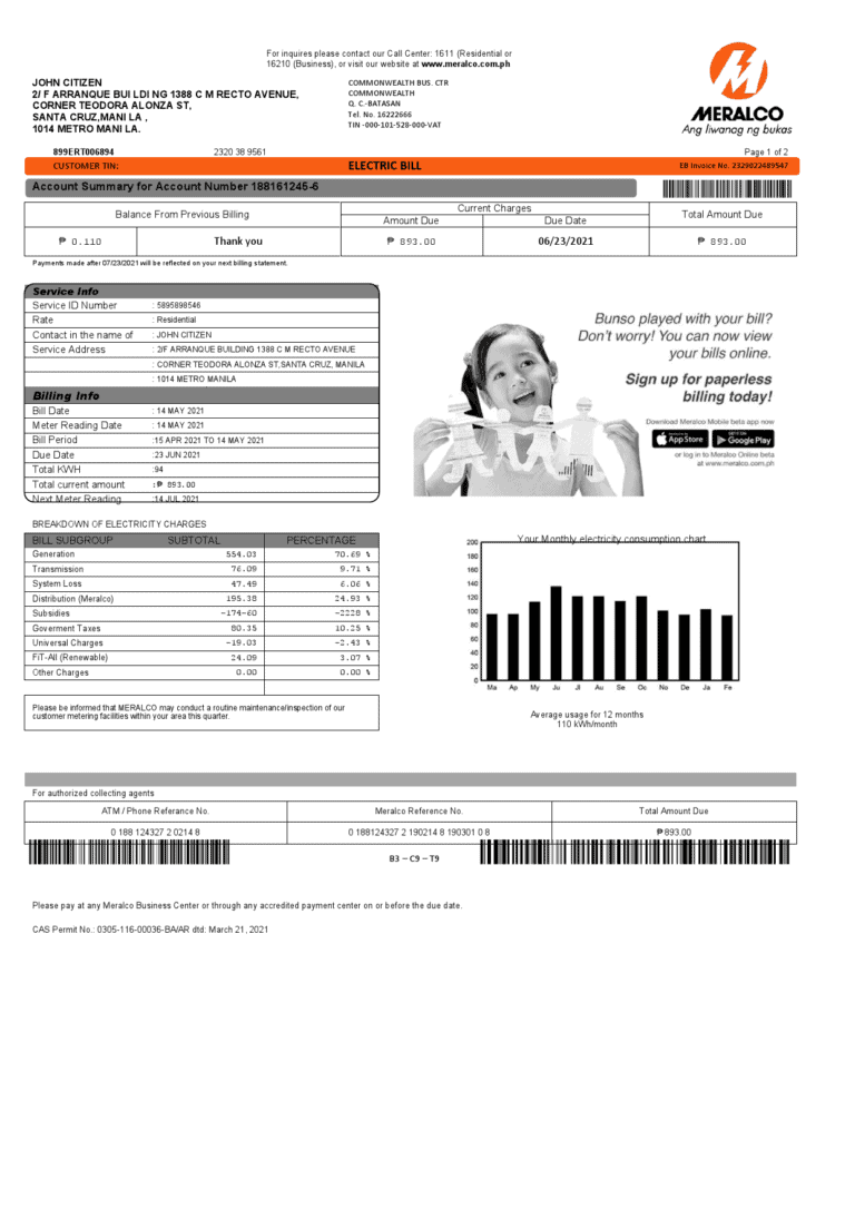 Philippines Meralco Electricity Utility Bill Template In Word And PDF ...