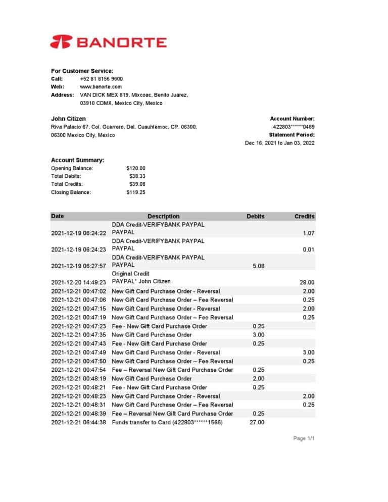 Mexico Banorte Bank Statement Excel And PDF Template