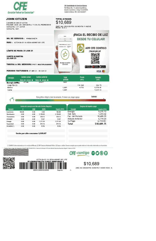 Mexico Federal Electricity Commission (CFE) Utility Bill Template In ...