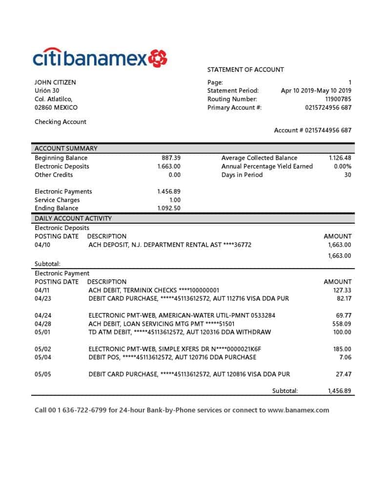 Mexico Citibanamex Bank Proof Of Address Statement Template In Word And ...