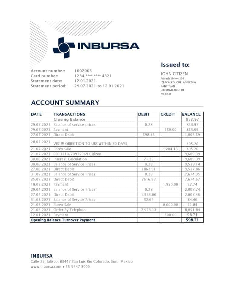 Mexico Inbursa Bank Statement Easy To Fill Template In Excel And PDF Format