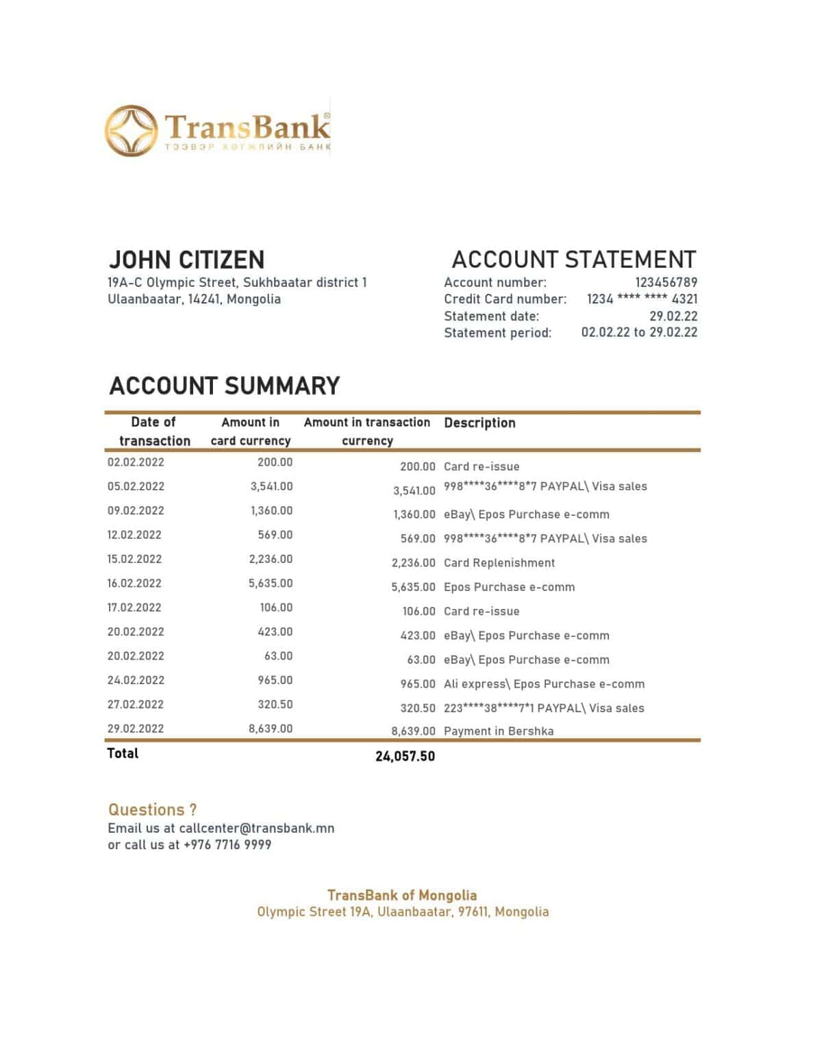 Mongolia Transbank Bank Statement Excel And PDF Template