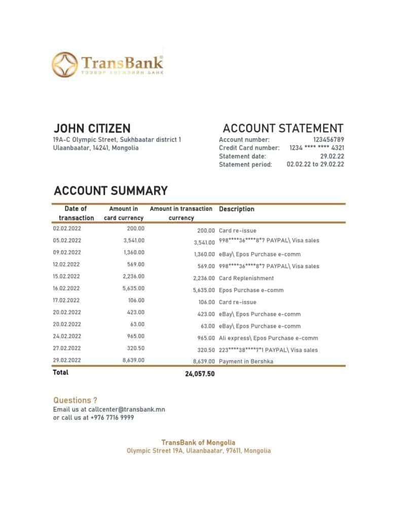 Mongolia Transbank Bank Statement Excel And PDF Template