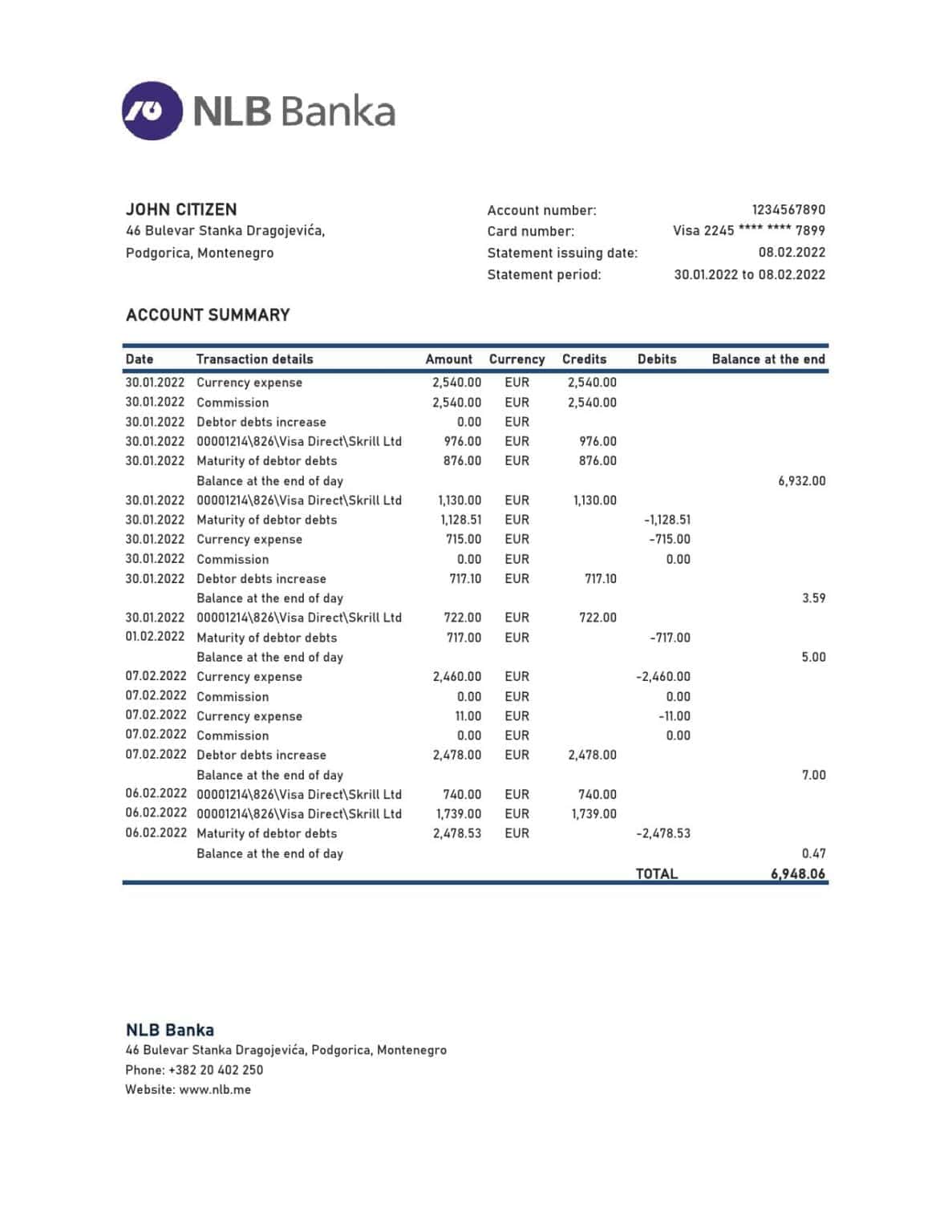 Montenegro NLB Bank Statement Excel And PDF Template