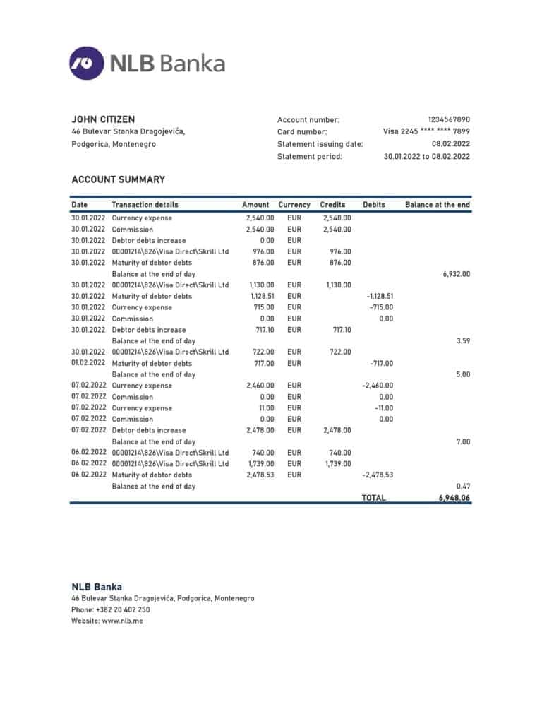 Montenegro NLB Bank Statement Excel And PDF Template | Mr. Verify