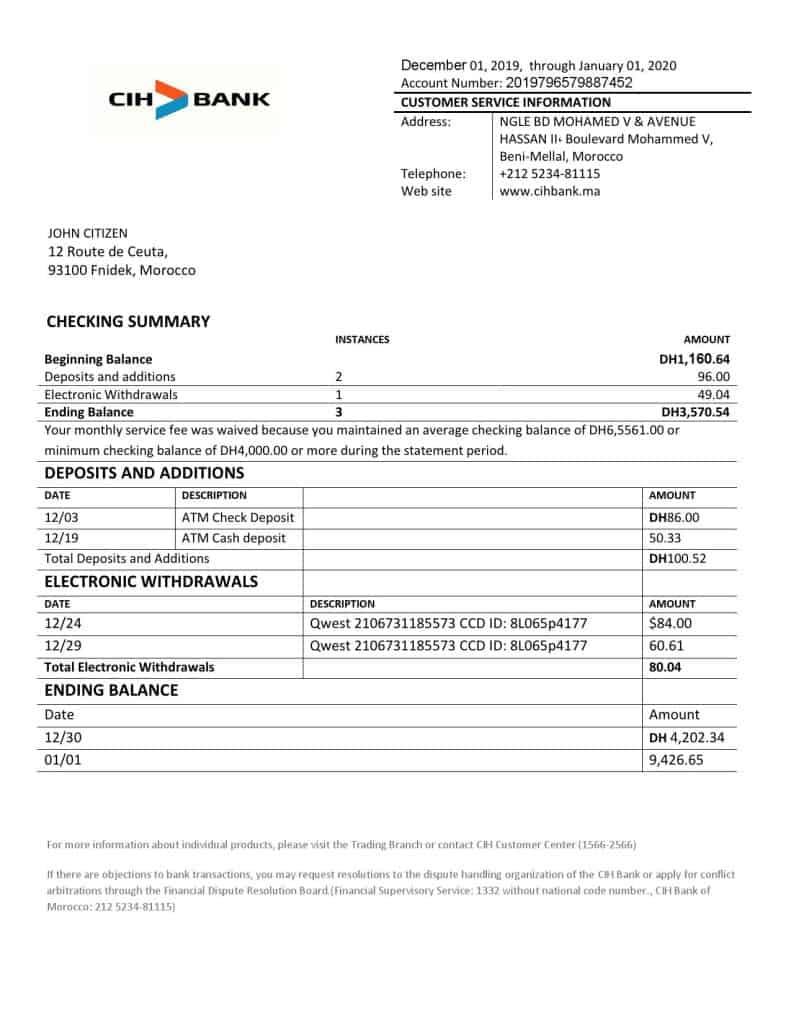 Morocco CIH Bank Proof Of Address Statement Template In Word And PDF Format
