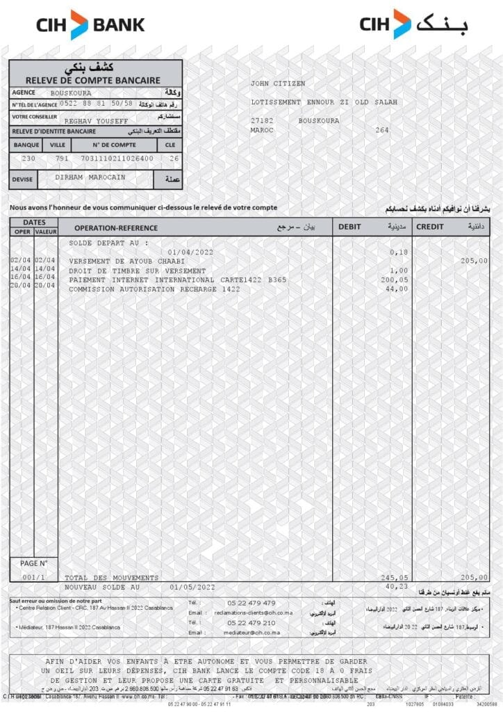 Morocco CIH Bank Statement Word And PDF Template