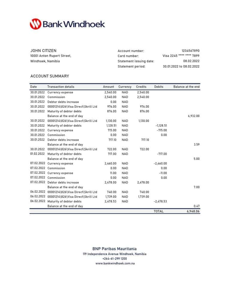 Namibia Bank Windhoek Bank Statement Excel And PDF Template