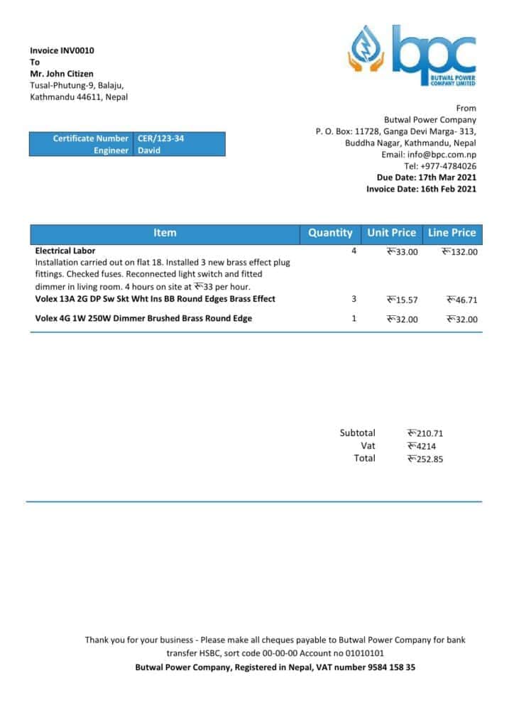 Nepal Butwal Power Company Limited Electricity Utility Bill Template In ...