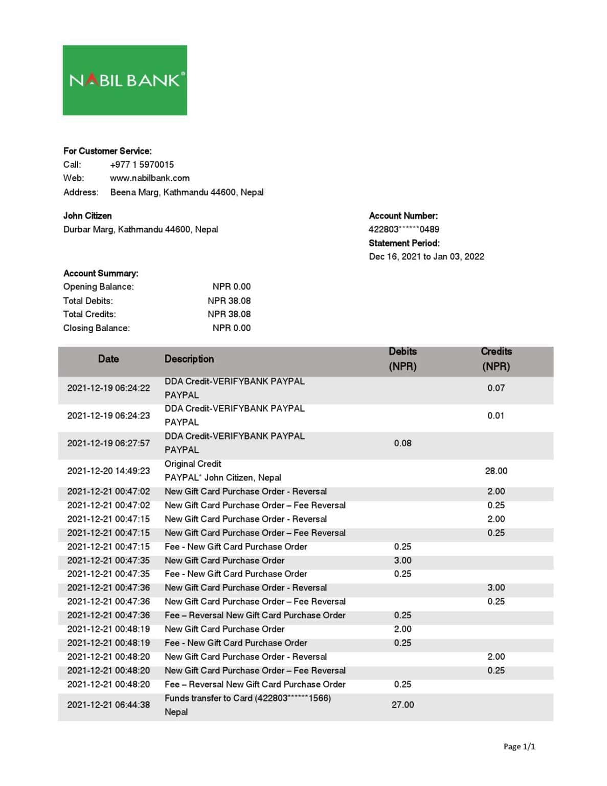 Nepal Nabil Bank Bank Statement Template In Word And PDF Format