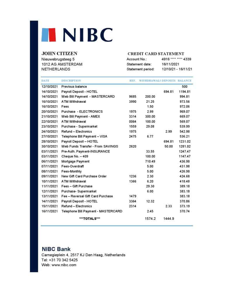 Netherlands NIBC Bank Statement Easy To Fill Template In .xls And .pdf ...