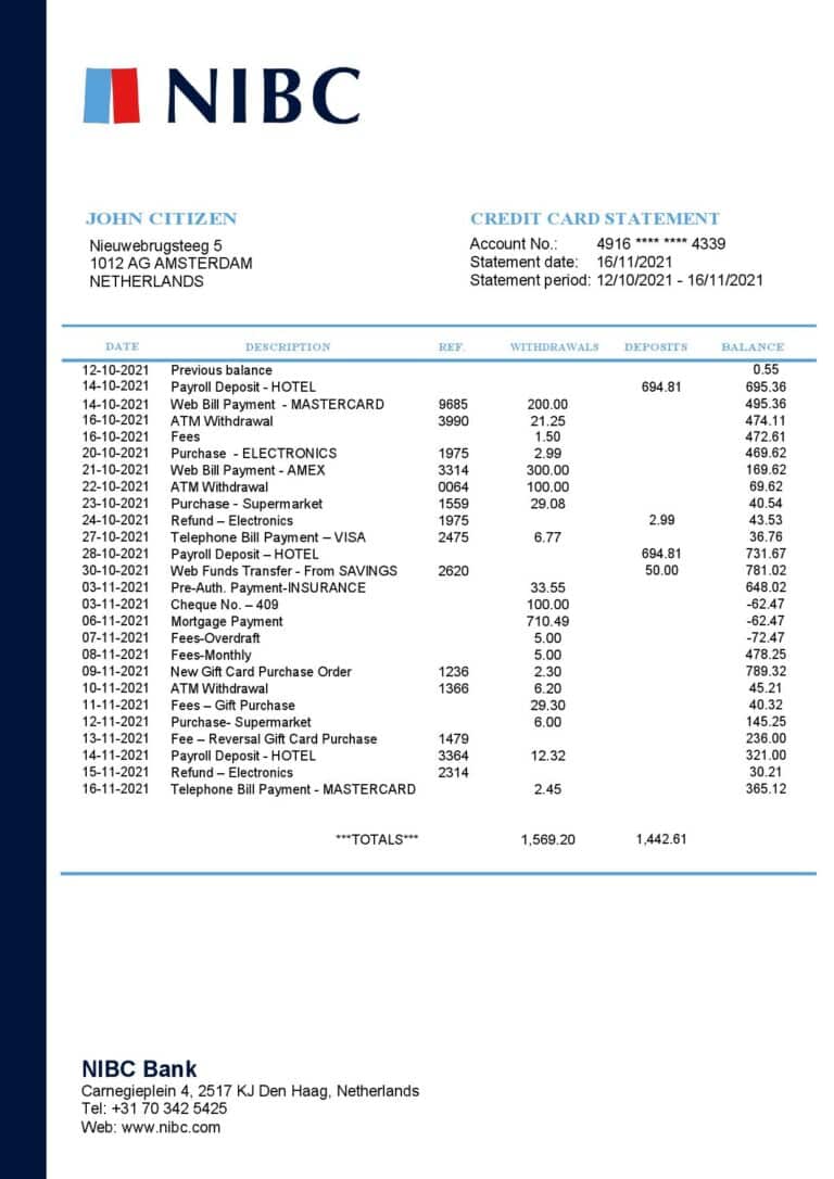 Netherlands NIBC Bank Statement Easy To Fill Template In Word And PDF ...