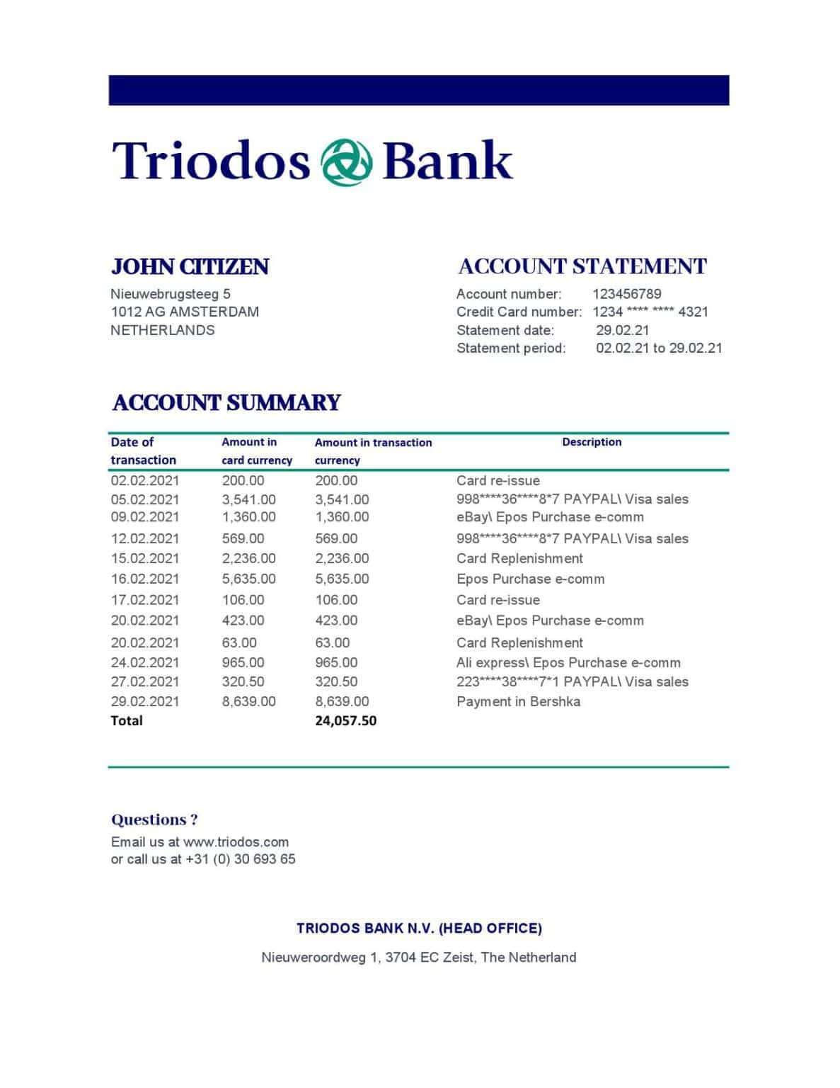 Netherlands Triodos Bank Statement Easy To Fill Template In Excel And ...