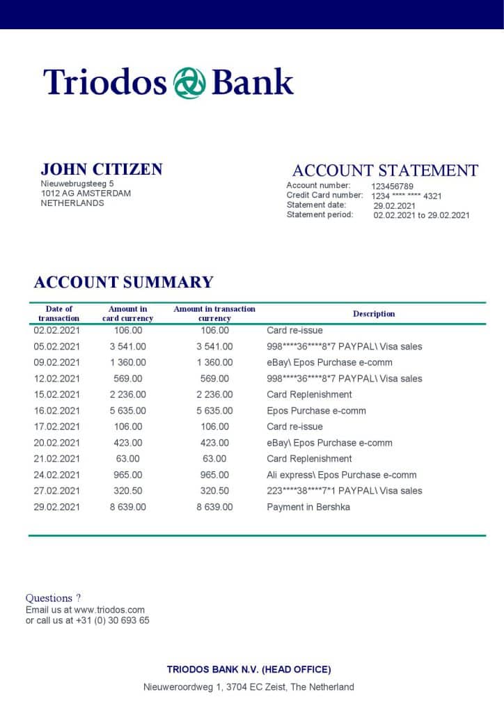 Netherlands Triodos Bank Statement Easy To Fill Template In Word And ...